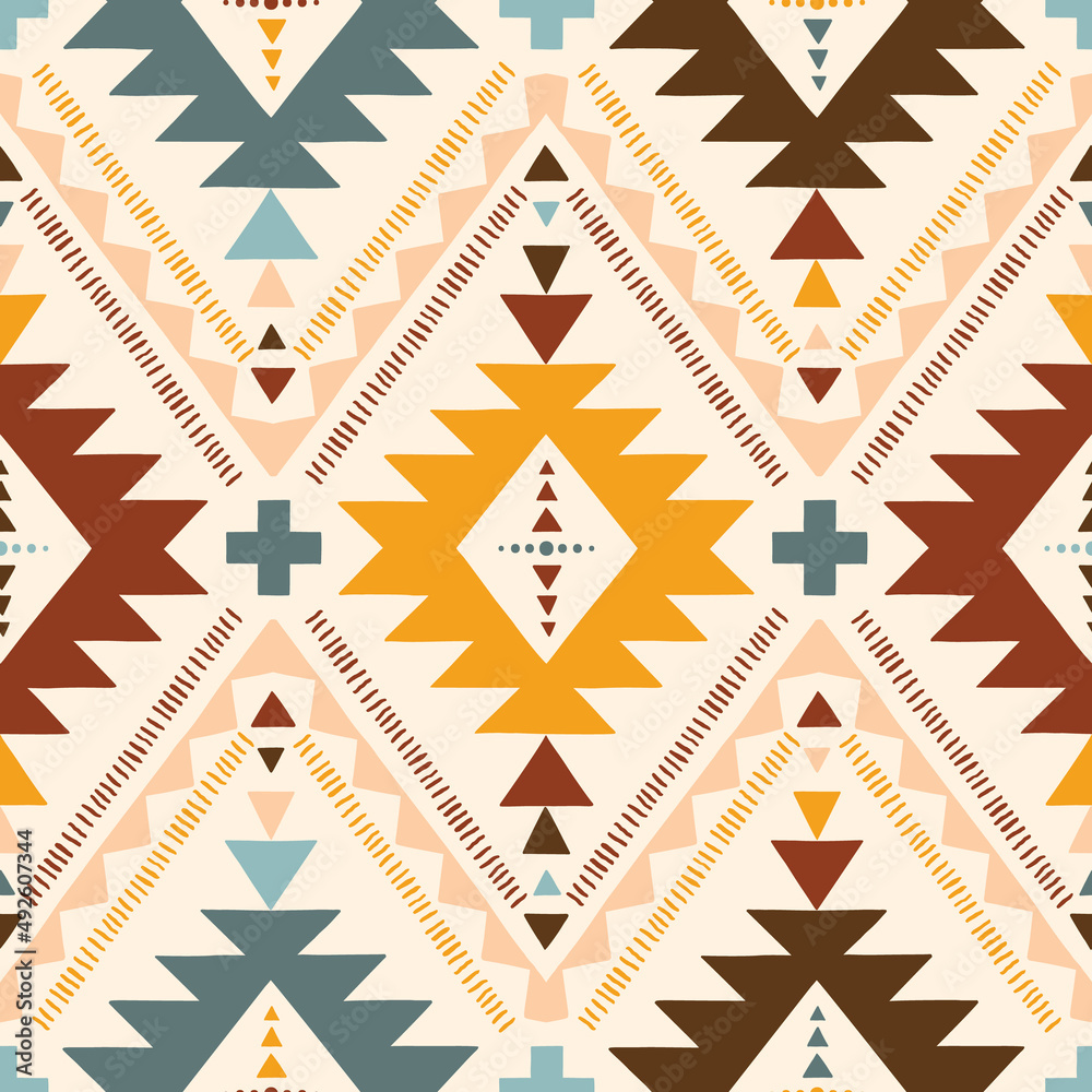 Hand Drawn Earthy Tones Tribal Vector Seamless Pattern. Navajo Graphic Print. Aztec Geometric ...