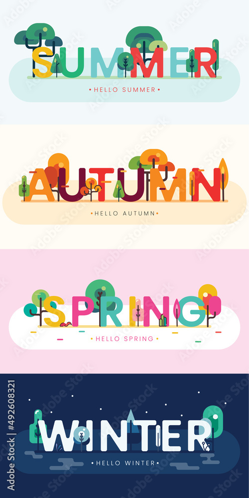 Autumn, spring, summer and winter themed text art decorated with four ...