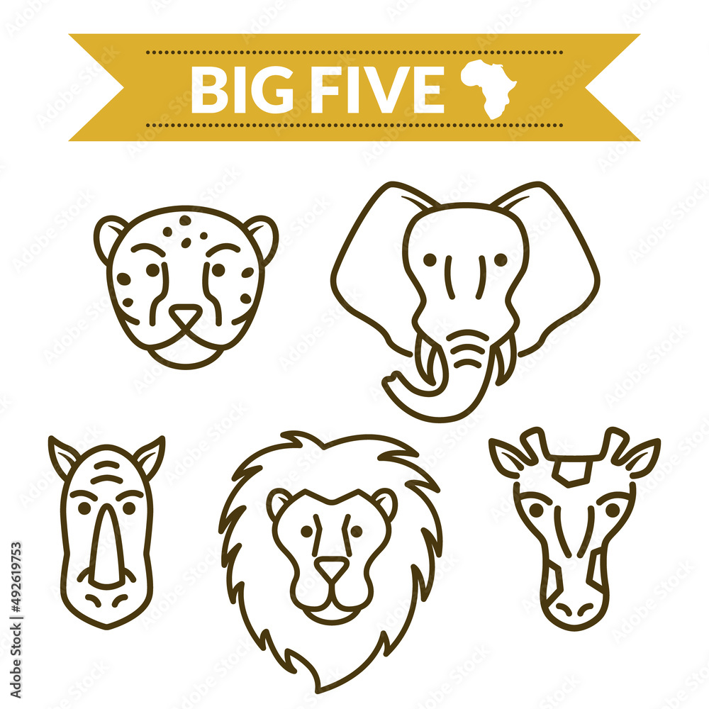 Big Five animals set of icons. Leopard, elephant, rhino, leo and ...