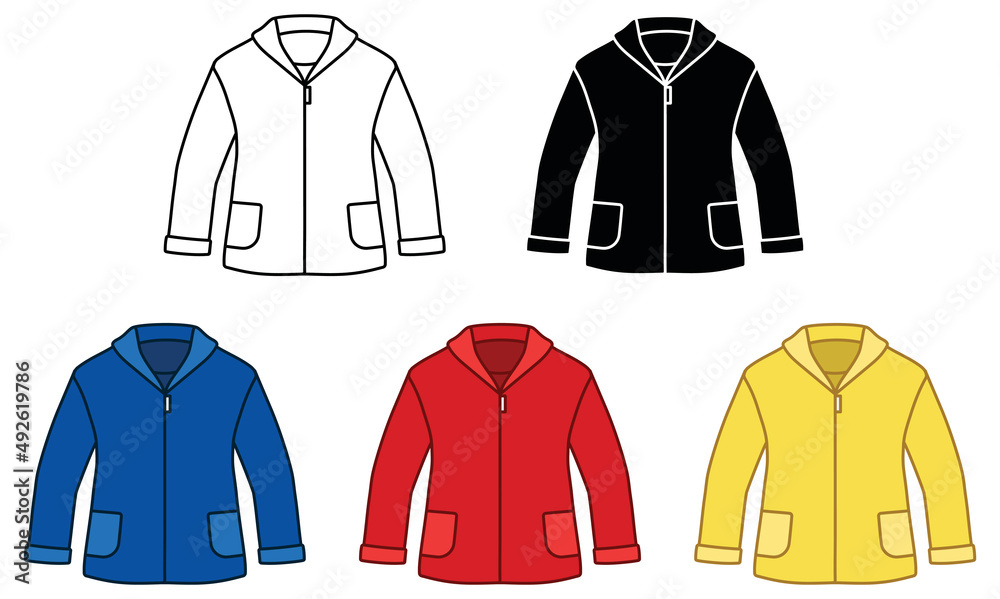Raincoat or Rain Jacket Clipart Set - Outline, Silhouette and Color ...
