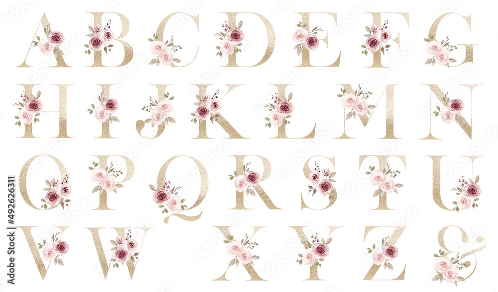 Letters set, gold floral alphabet with watercolor flowers roses and ...