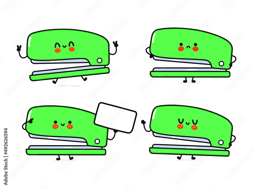 Funny cute happy stapler characters bundle set. Vector hand drawn ...