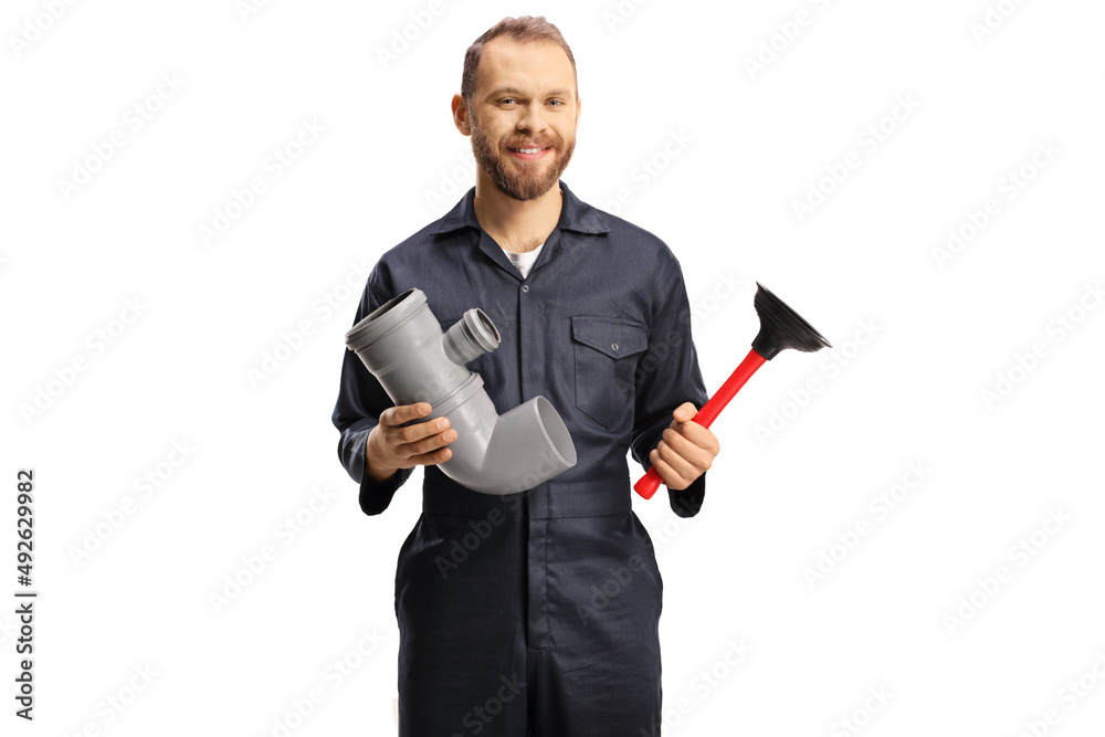 Plumber holding a pipe and a toilet plunger Stock Photo | Adobe Stock