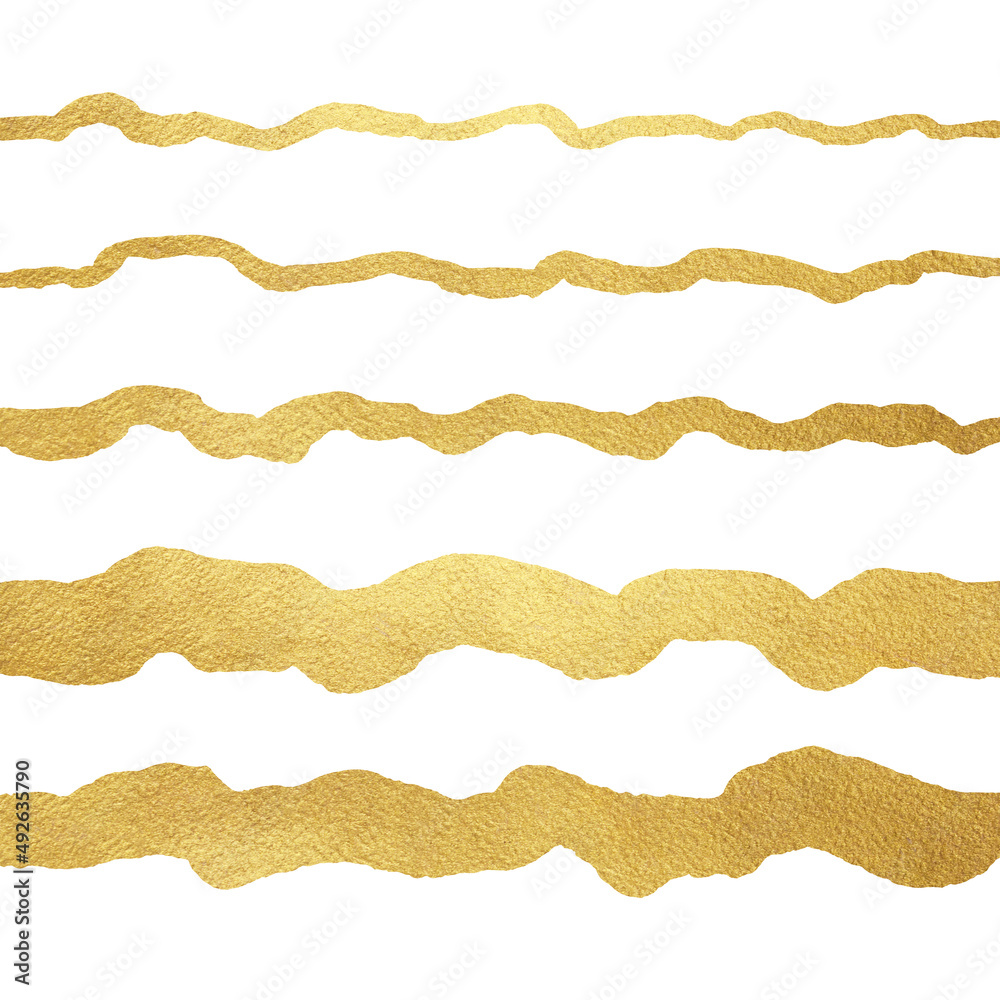 Gold paint wavy long brush strokes set, uneven golden foil lines ...