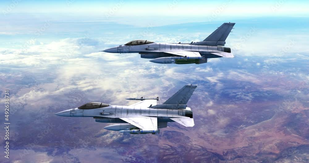 Military Fighter Jets Flying Together Over Clouds. Aerial View. War And ...
