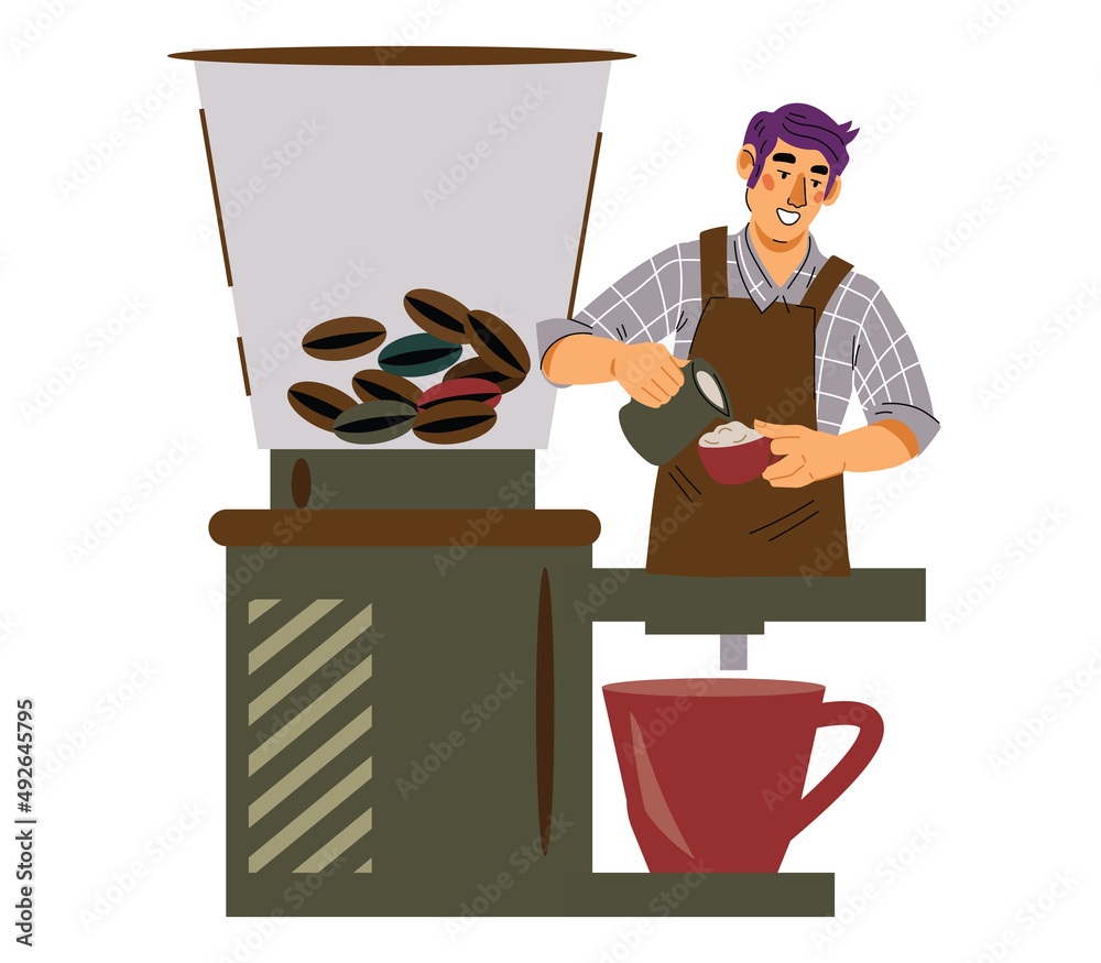 Barista with coffee machine, flat cartoon vector illustration isolated ...