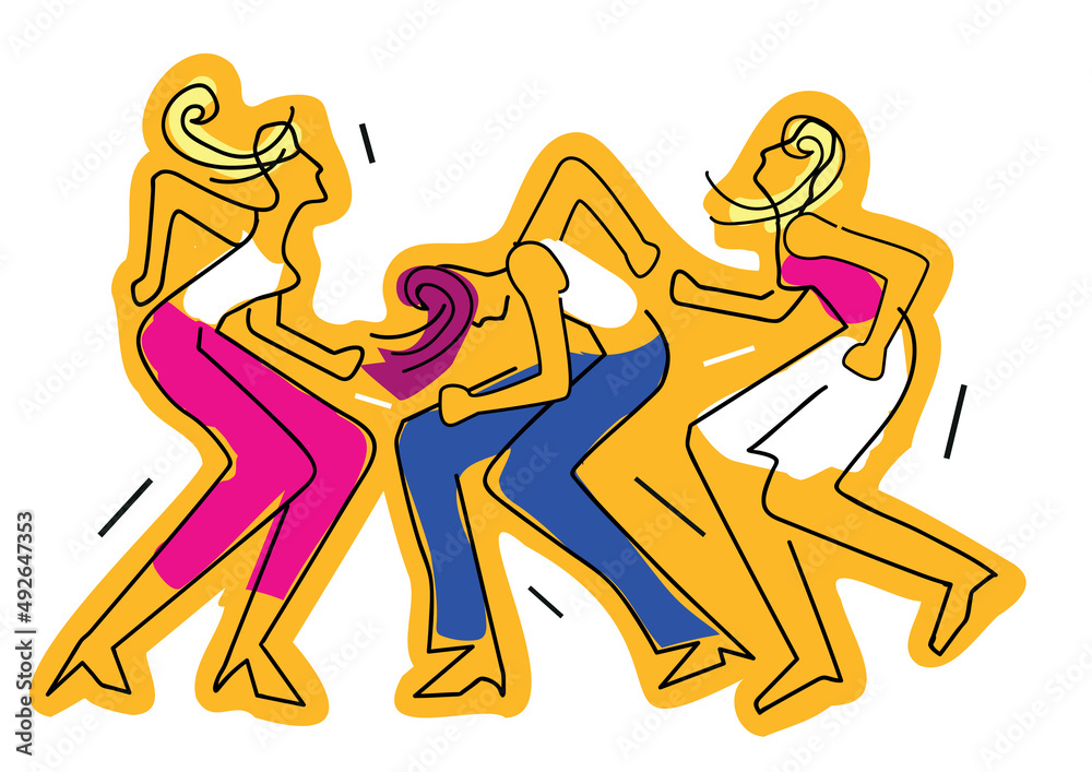 Three dancing girls, wild crazy dance party, line art. Expressive ...