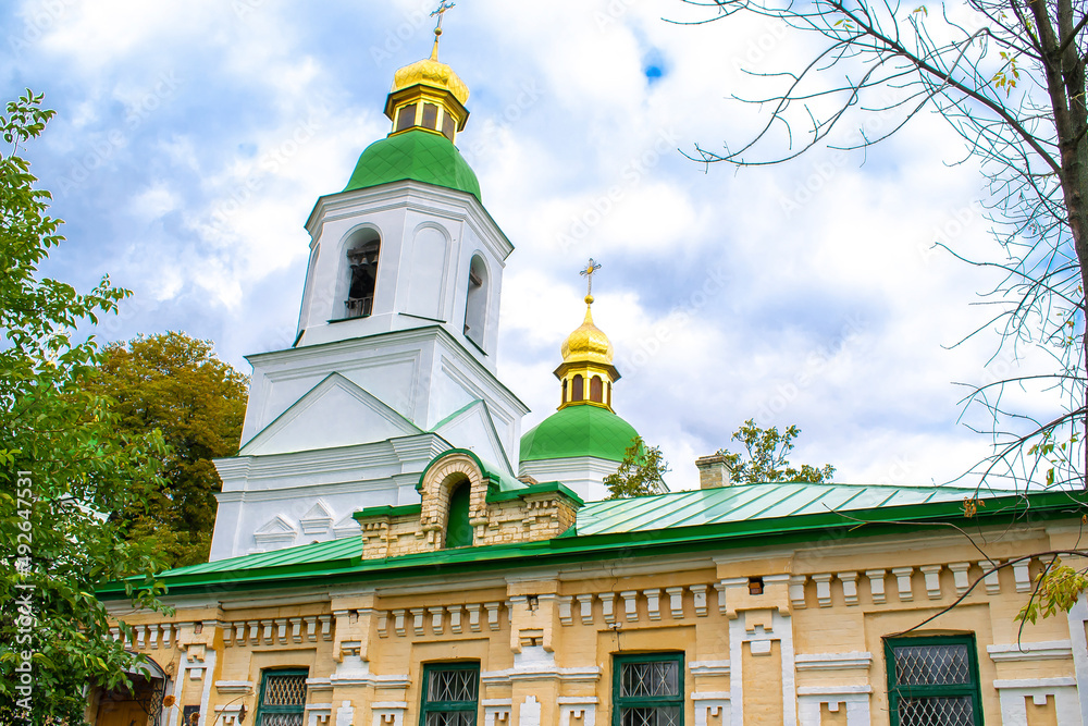 Scenic travel cityscape historic Pechersk Lavra Monastery church temple ...