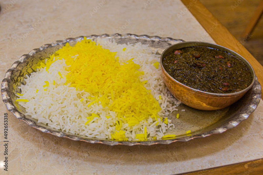 Food in Iran - Ghormeh Sabzi with saffron rice Stock Photo | Adobe Stock