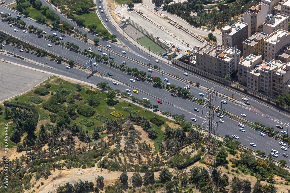 Aerial view of Hakim Expressway in Tehran, capital of Iran. Stock Photo ...