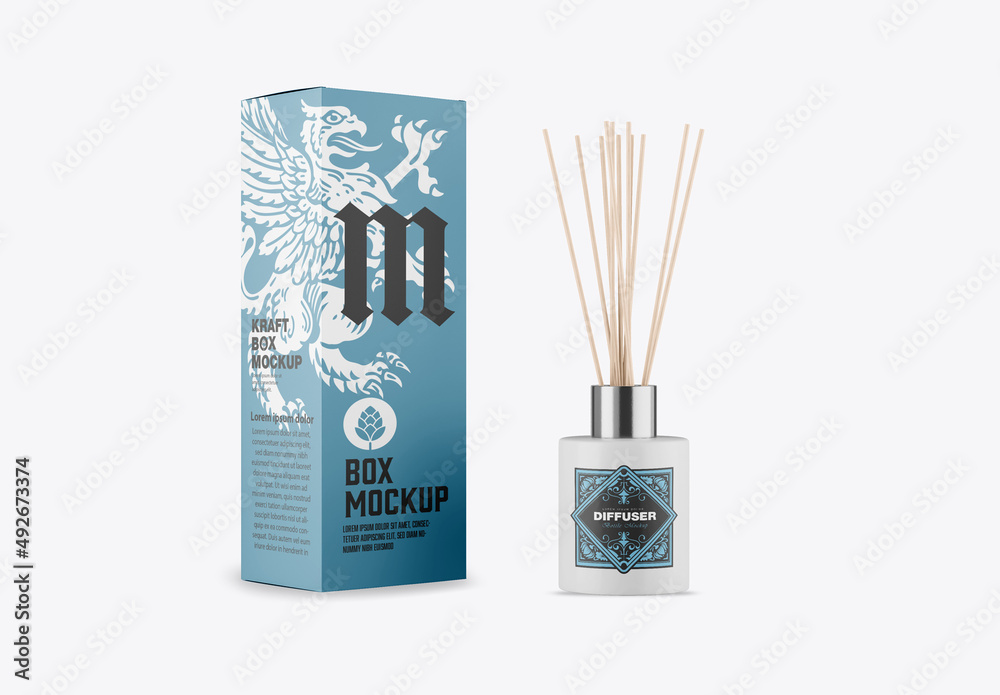 Reed Diffuser Glass Bottle with Box Mockup Stock Template | Adobe Stock