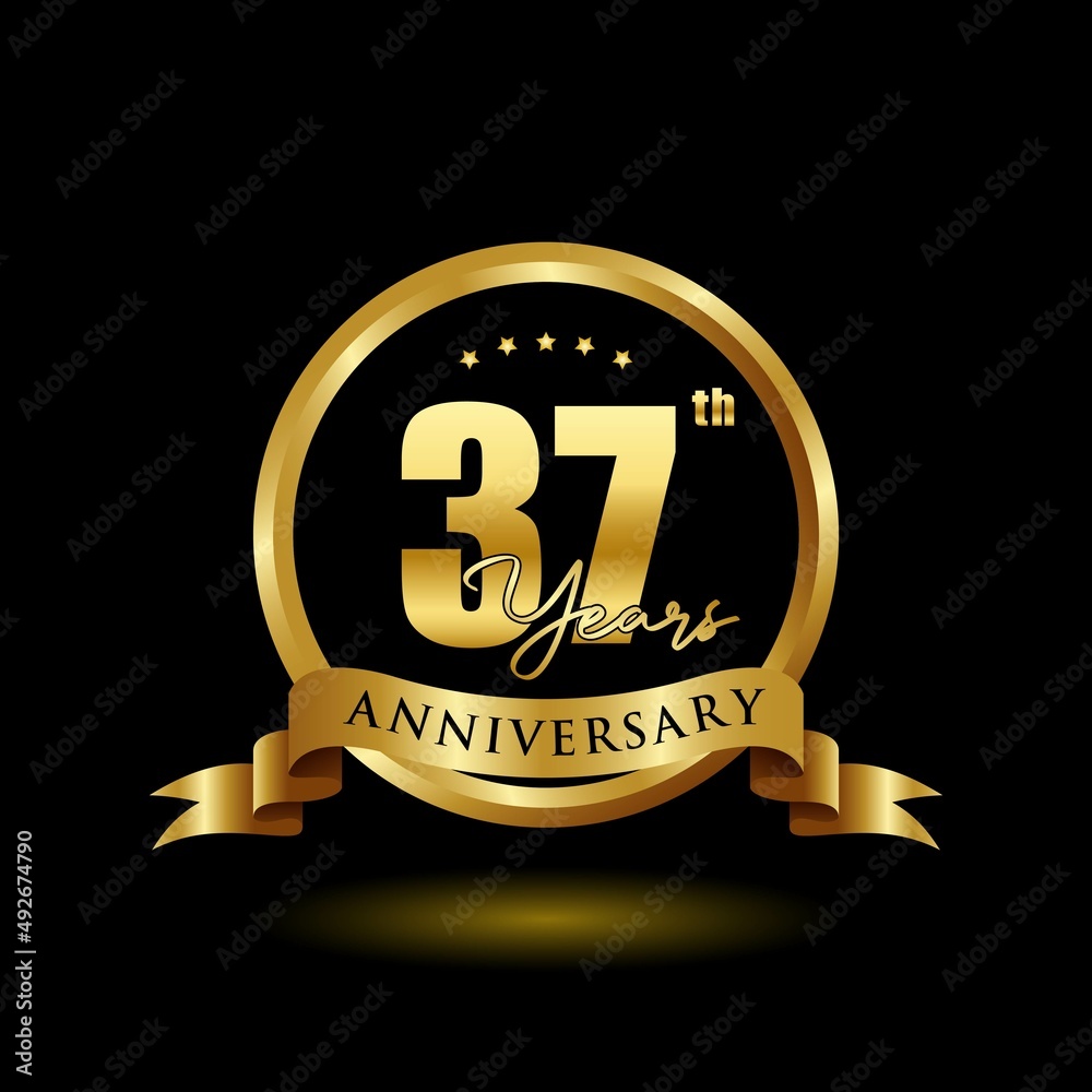 37th anniversary celebration. Birthday logo with gold ribbon and gold ...