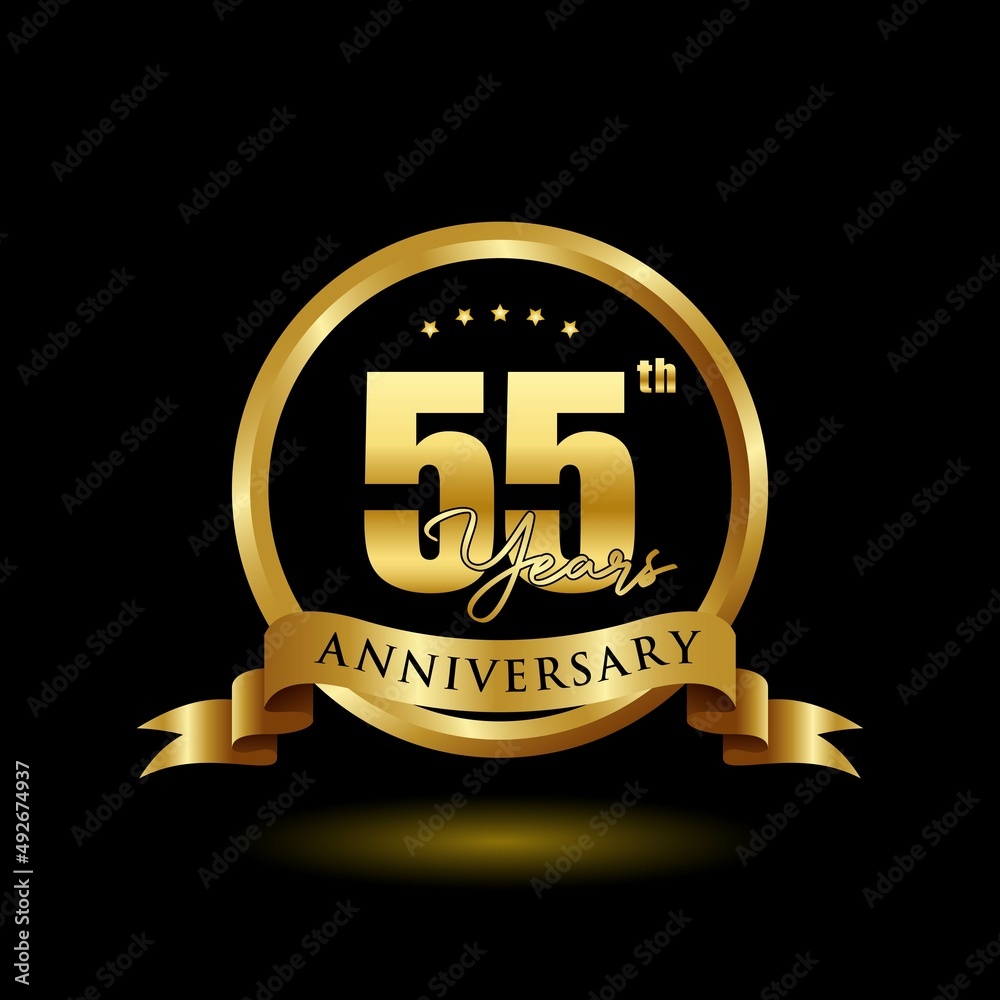 55th anniversary celebration. Birthday logo with gold ribbon and gold ...