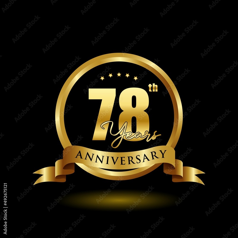 78th anniversary celebration. Birthday logo with gold ribbon and gold ...