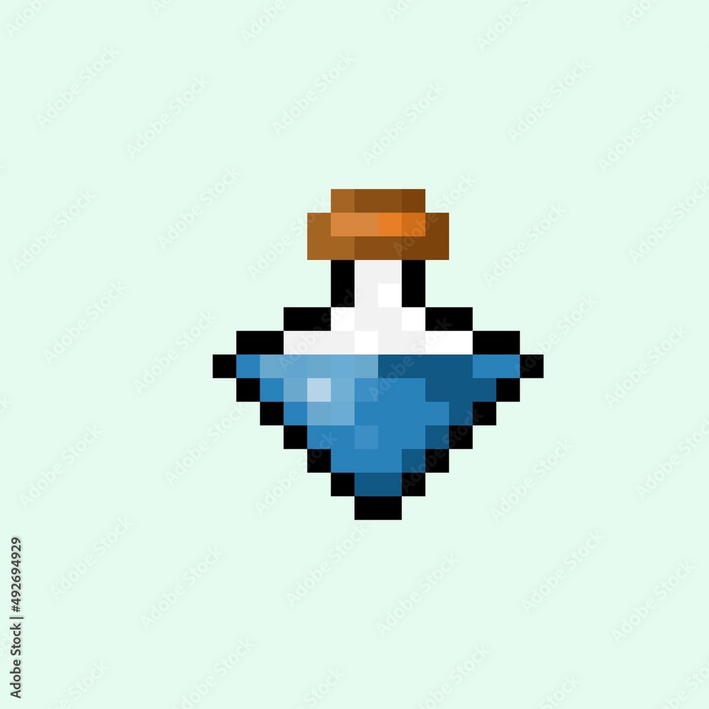 Pixel art bottle of blue poison or medicine or potions. Game equipment ...