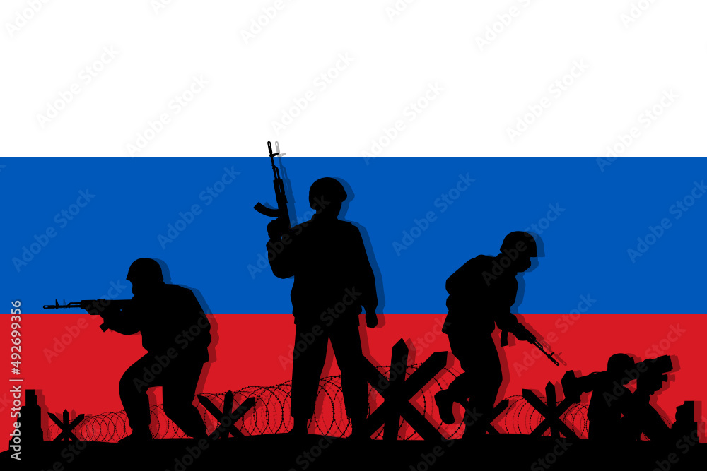 Russian soldiers with rifle gun silhouette on flag vector, illustration ...