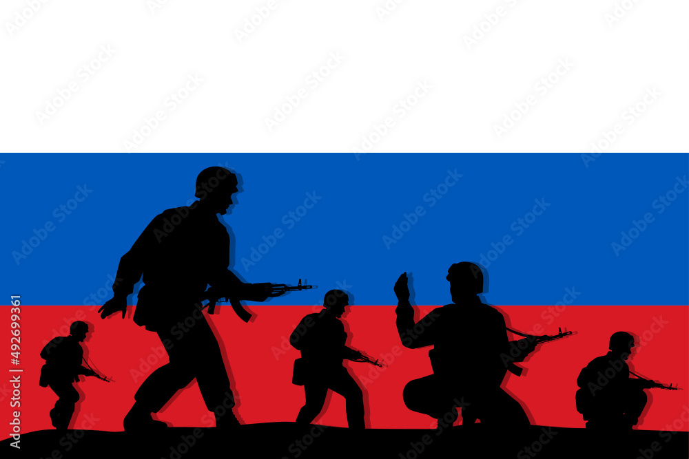 Russian soldiers with rifle gun silhouette on flag vector, illustration ...