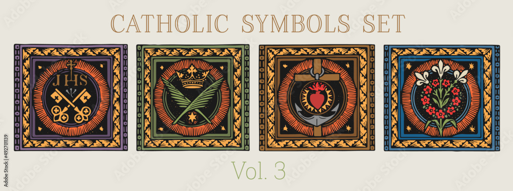 Catholic Symbols vector set of 4, vintage engraving. Catholic symbolism ...