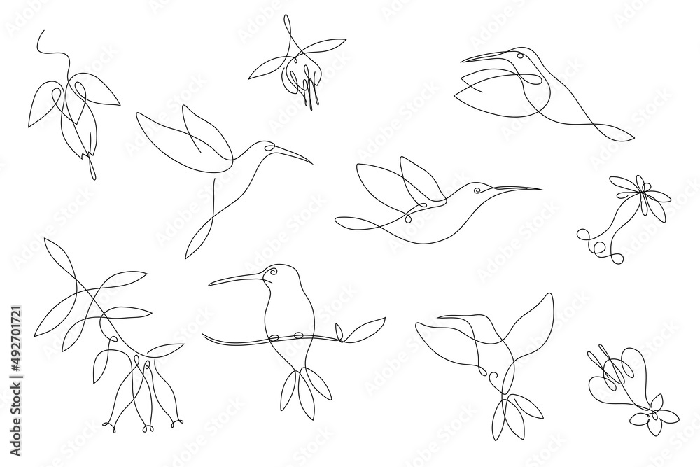 Set of hummingbird designs with flowers in one continuous line for logo ...