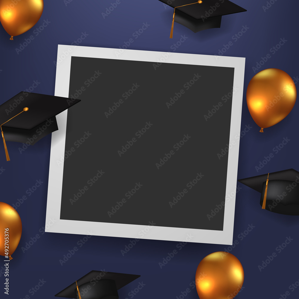 Happy graduation with photo frame template and 3d realistic graduation ...