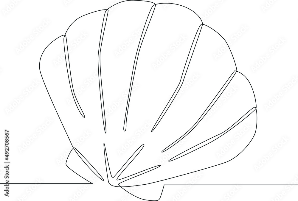 Vetor de Single continuous line drawing, scallops shell on the beach ...