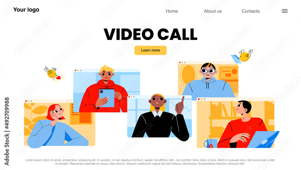 Video call, online conference landing page. Business characters, office ...