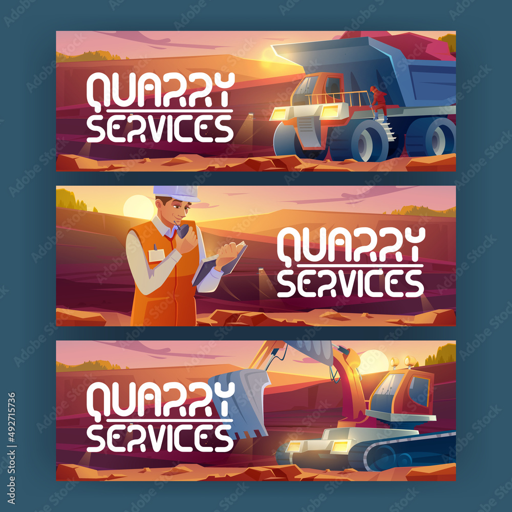 Quarry services banners with engineer in helmet and machines in ...