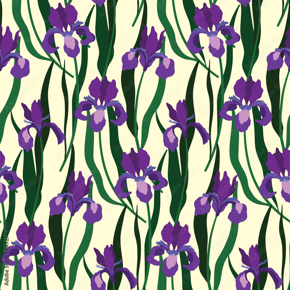 Seamless pattern with delicate iris flowers, grass, leaves. Gently floral print, elegant ...