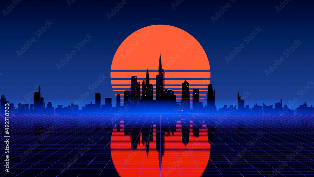 Retro wave city background. Neon night landscape with a futuristic city ...