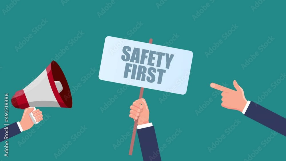 safety first sign animation. hand of businessman hold safety first sign ...