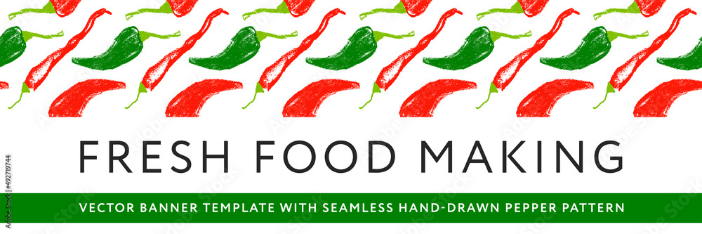 Natural food growing. Vector banner template. Seamless red hot pepper ...
