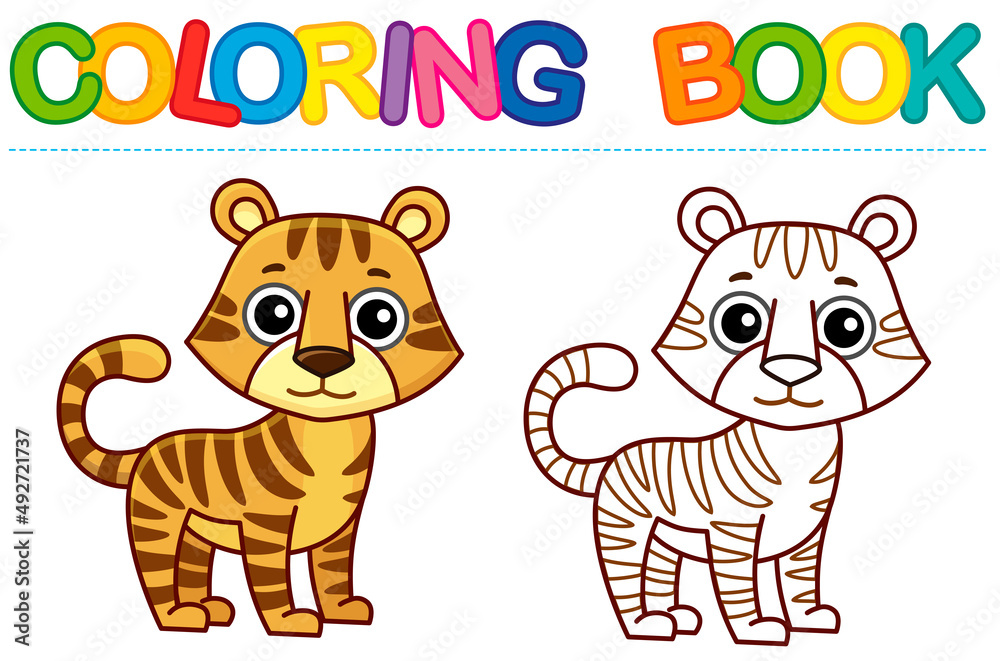 Zoo animal for children coloring book. Funny tiger in a cartoon style ...