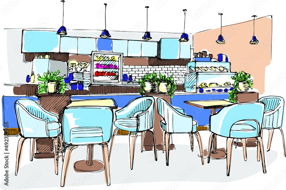Cozy cafe interior - hand-drawn sketch Stock Vector | Adobe Stock