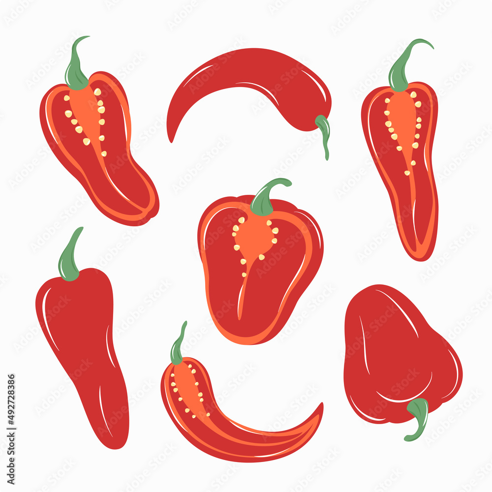Pepper different shapes isolated on white background. Whole and sliced ...