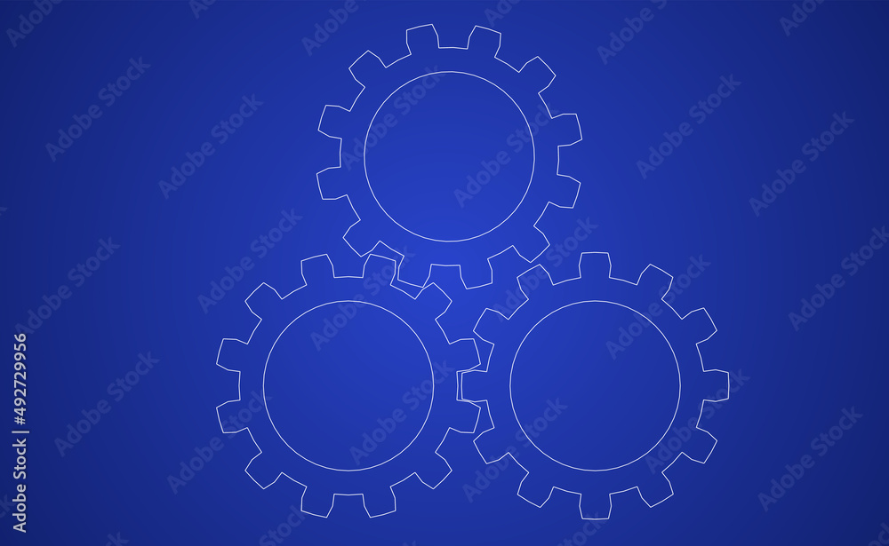 Vector illustration of gears line art on blue background representing a ...