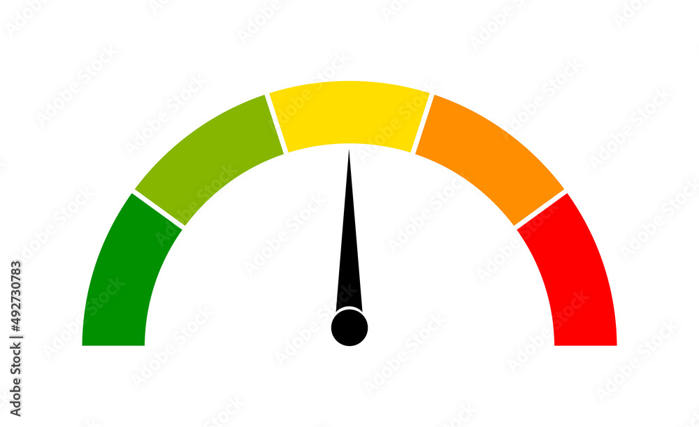 Speedometer icon with arrow. Meter for dashboard with green, yellow ...
