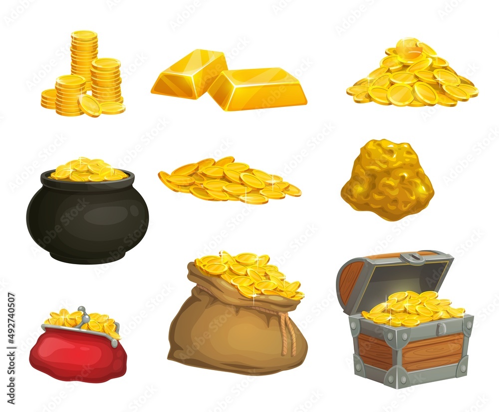 Cartoon golden coins, nugget, chest and wallet or bag, pot of gold ...