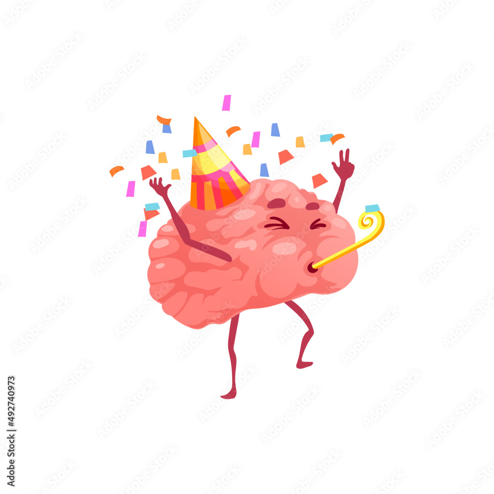 Happy brain character with cone shape hat celebrating birthday party ...