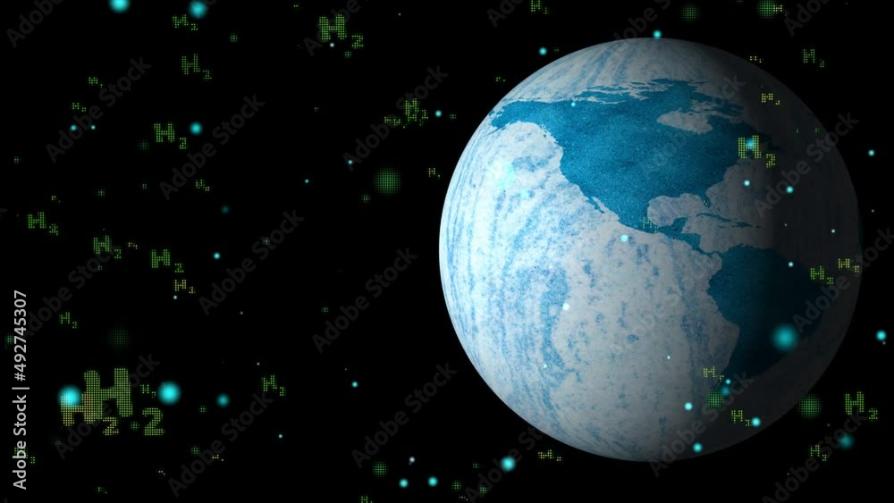 Global marble light blue mineral texture with H2 digital text particles ...