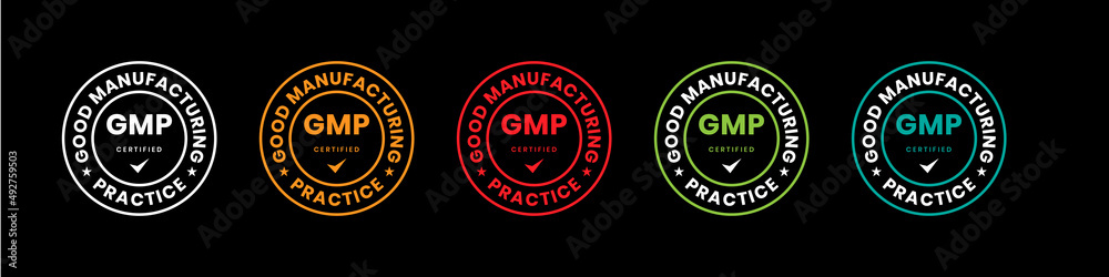 GMP Good Manufacturing Practice certified round stamp on black ...