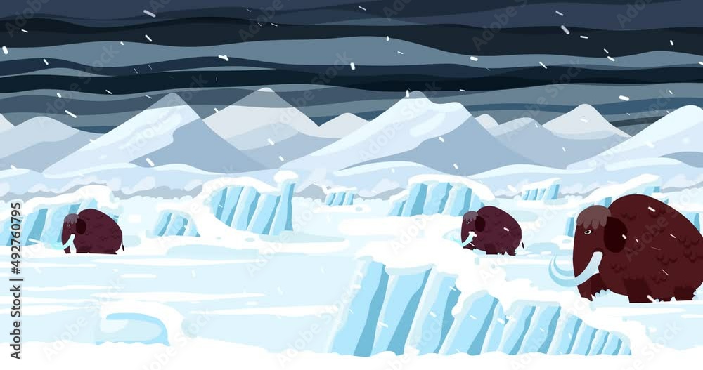 Mammoths on snow prehistoric landscape. Less snowflakes version ...