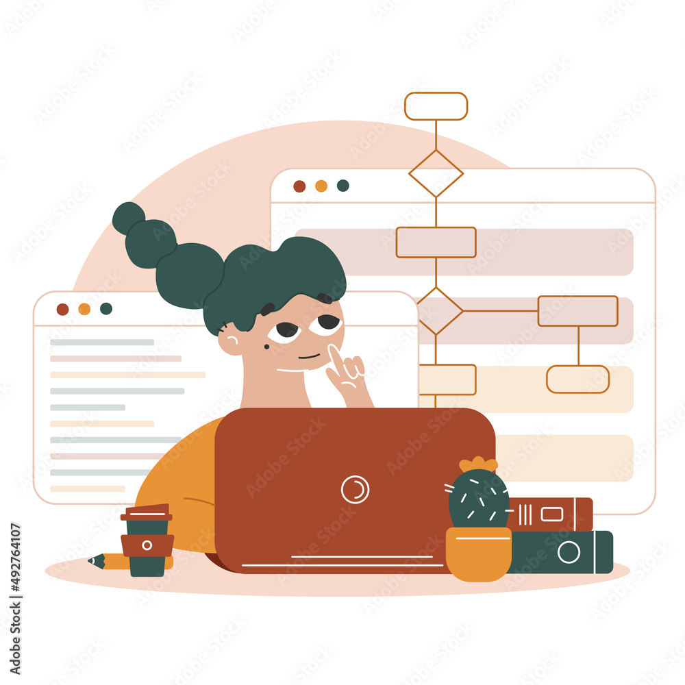 Vector flat cartoon illustration. The girl plans to solve the problem ...