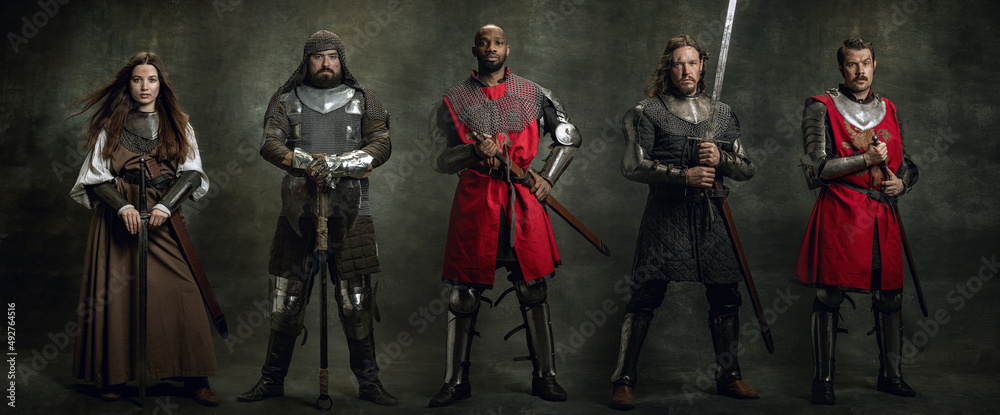 Heroes. Creative art collage with brutal serious medieval warriors or ...