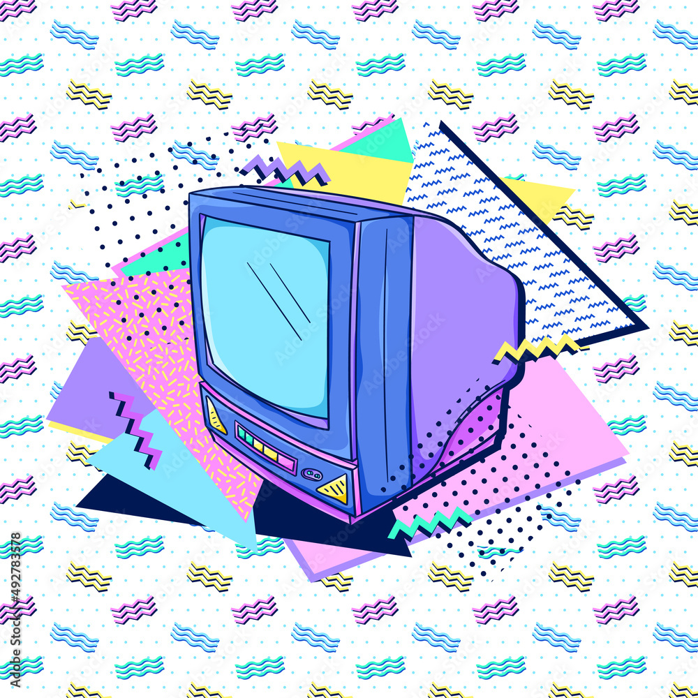 TV 90s style poster. Retro television. Retro color TV set. Movie night ...