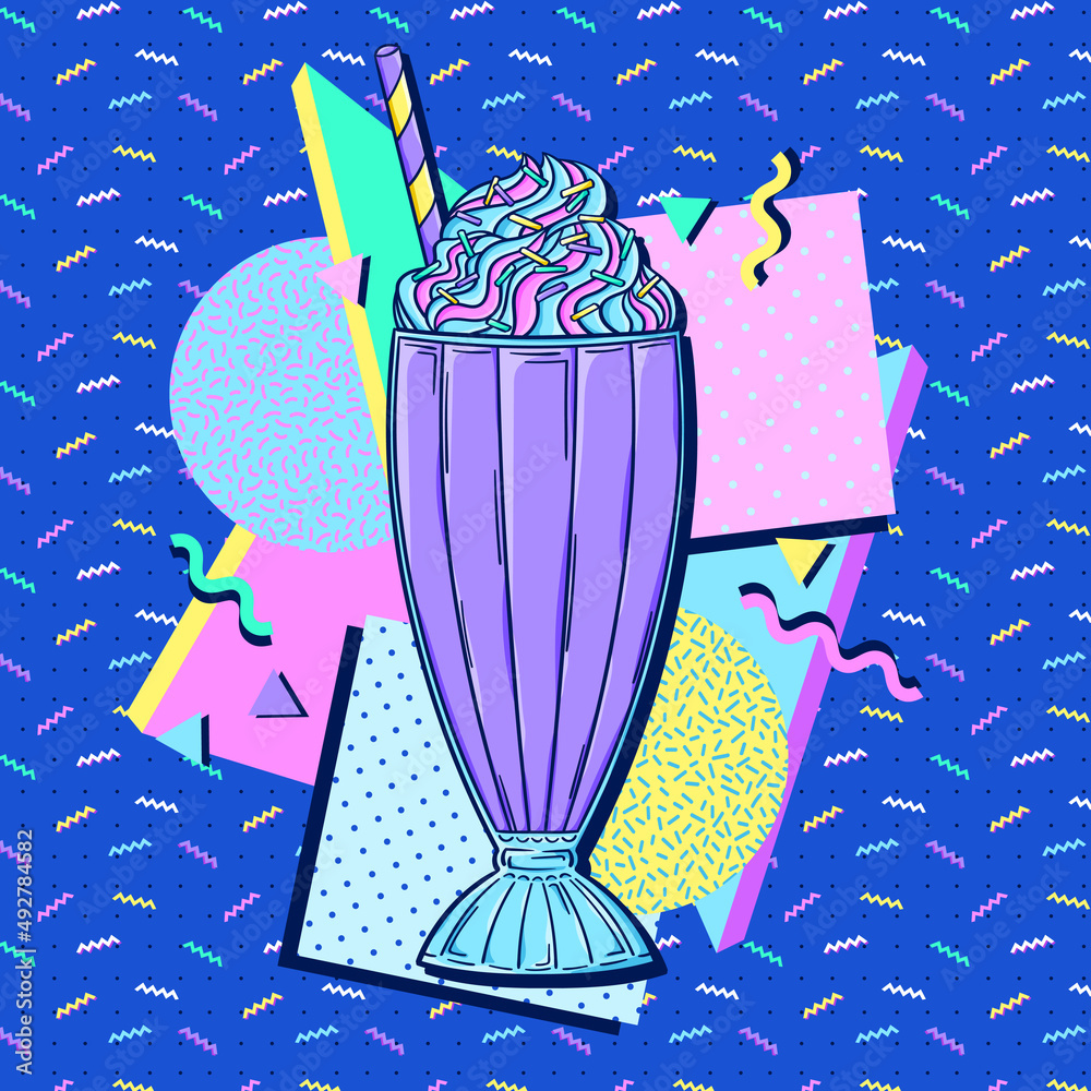 90s style milkshake poster. Retro sweet ice cream dessert pop art ...