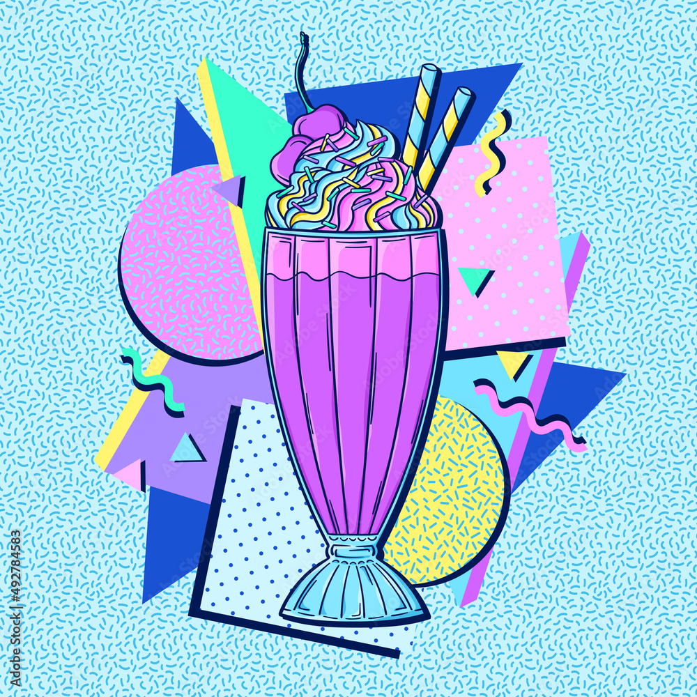 90s style milkshake poster. Retro sweet ice cream dessert pop art ...