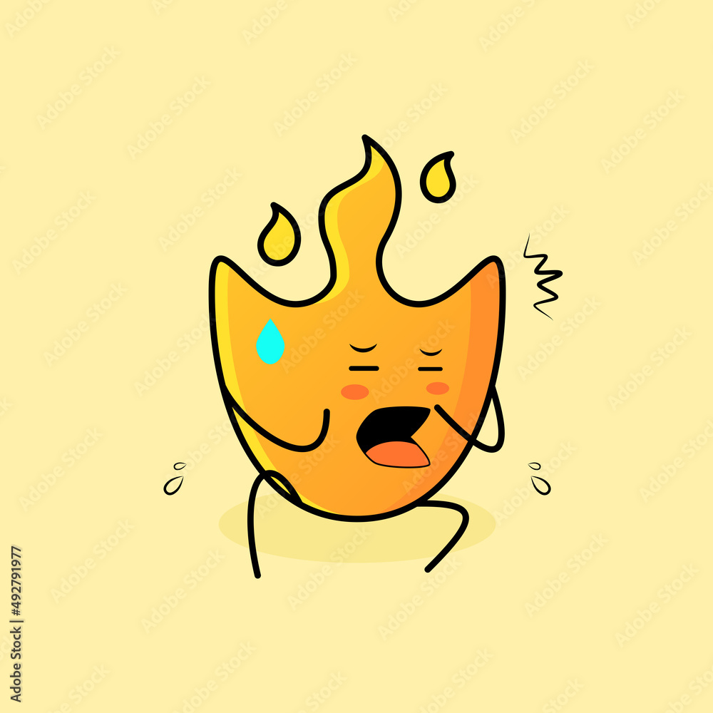 cute fire cartoon with scared expression and sit down. yellow and ...