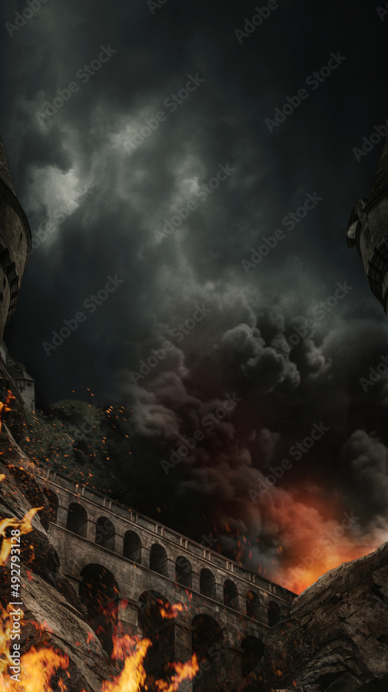 Medieval bridge on fire after explosion. Scary and mystic theme ...
