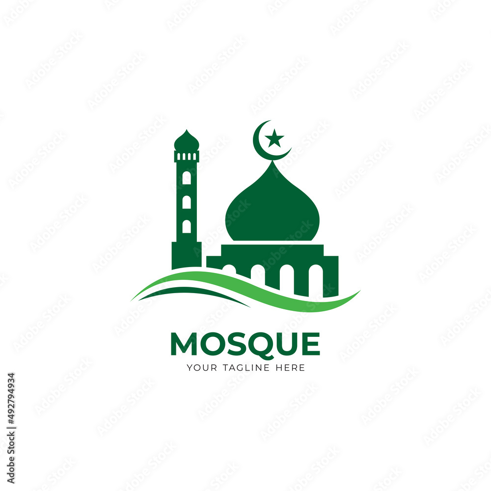 simple green mosque logo design, modern islamic logo with wavy element ...
