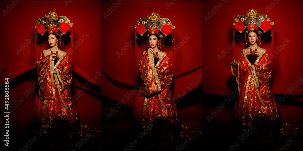 Asian Woman wear China Royal empress traditional costume with golden ...
